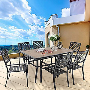 PHI VILLA 7-Piece Metal Outdoor Patio Furniture 37.4" x 59.8" Wood Like Rectangular Dining Table and Chairs Set for Ourdoor Backyard Lawn Garden, Black