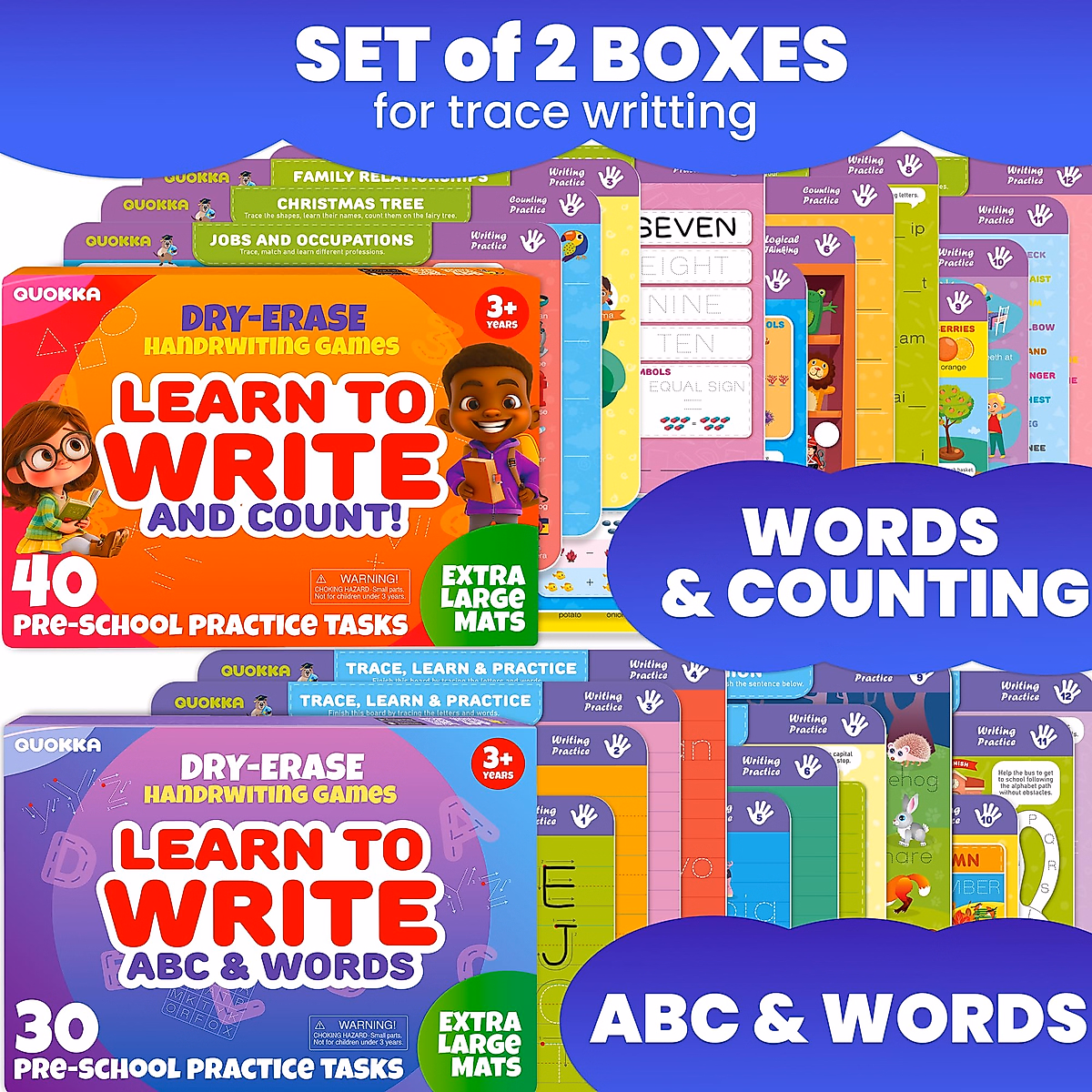 QUOKKA Busy Book Handwriting Practice for Kids - 2 Set - Learn to Write for Toddlers Age 3 4 5 - | 24 Tasks | 4 Dry Erase Markers | - Homeschool Preschool Learning Activities