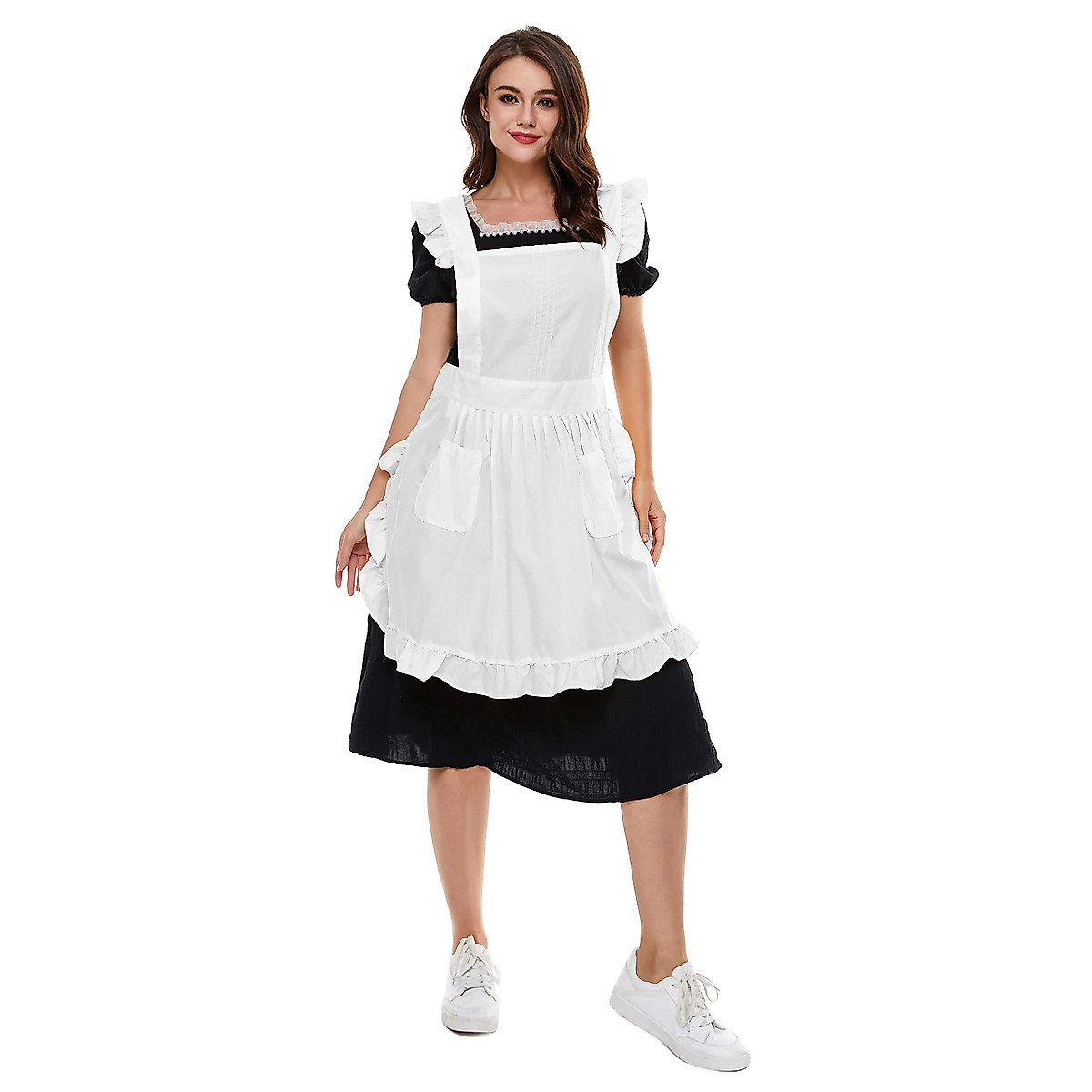 LilMents Retro Adjustable Ruffle Apron with Pockets, Small to Plus Size Ladies (White)