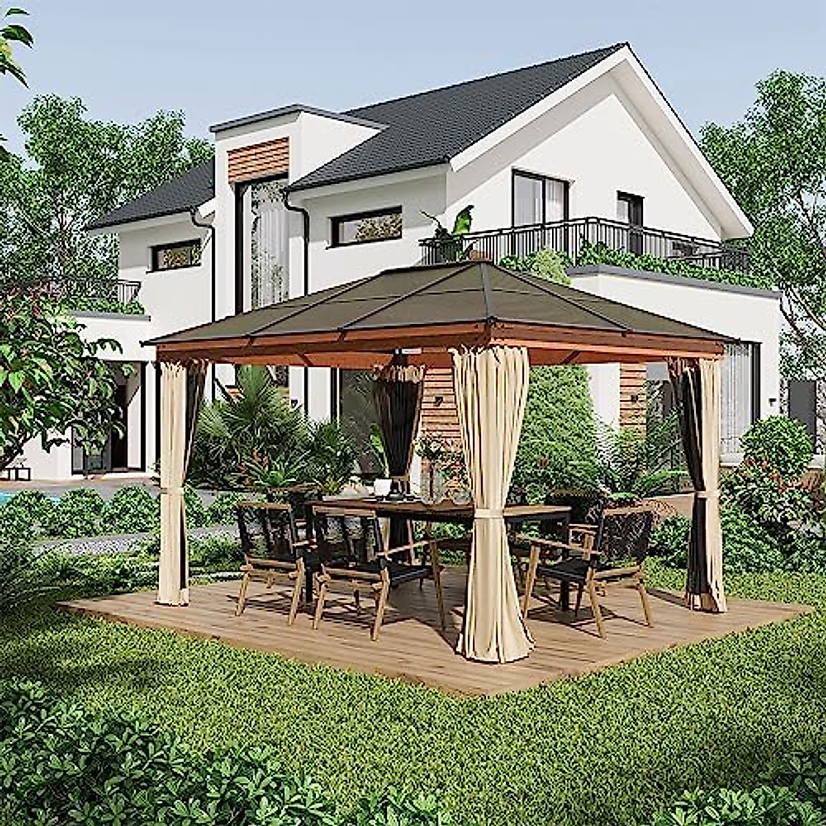 Outsunny 10' x 12' Hardtop Gazebo Canopy with Polycarbonate Roof, Aluminum Frame, Permanent Pavilion Outdoor Gazebo with Netting, for Patio, Garden, Backyard, Deck, Lawn, Khaki