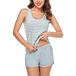 COLORFULLEAF Womens Cotton Pajamas Set Racerback Tank Top and Shorts Pjs Sets Sexy Sleeveless Sleepwear (Light Blue, XL)