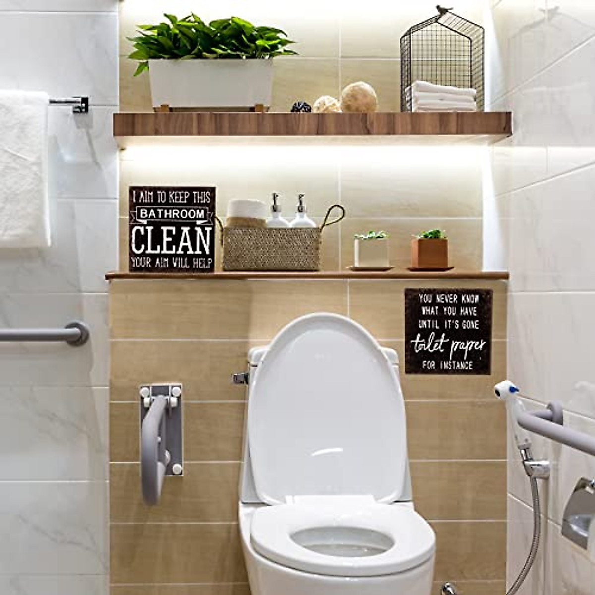 3 Pcs Funny Bathroom Signs Farmhouse Restroom Decor Accessories Rustic Wood Bathroom Decorations Black and White Bathroom Decor Wall Art Shelf Toilet Decor Wooden Box Signs for Home (Elegant Style)