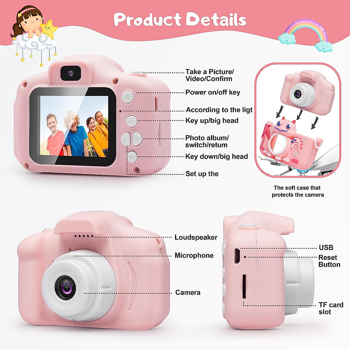 iMisH Upgrade 48M Kids Camera for Girls Boys Age 3-9, 1000mAh Large Battery with 1080p Video Camera for Kids - Shockproof Silicon Case and 32GB TF Card, Toddler Camera for Selfie (Pink)