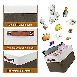 D.K AMZ Foldable Storage Bins with Handles, Rectangle Fabric Storage Basket for Shelves, Collapsible Closet Organizer for Home Office, 3 pack-15 x 11 Inches, Beige and Brown (YMXHZ019004)
