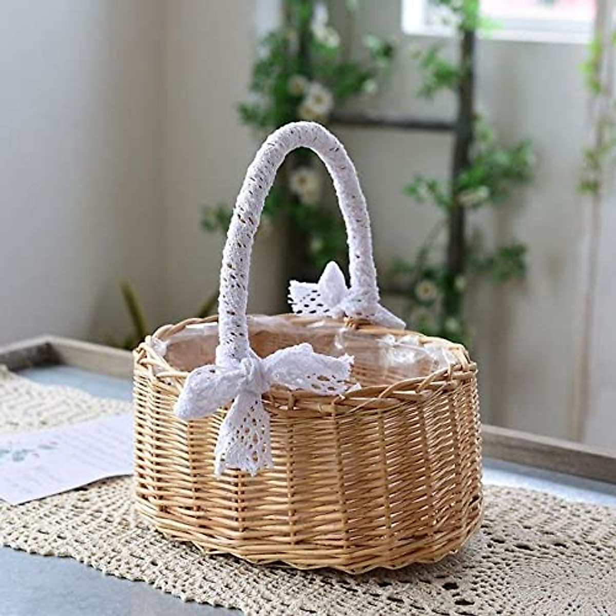 Rattan Flower Girl Hand Basket for Wedding Picnic, Retro Hand Woven Basket with Handle for Home Garden Decor(S)