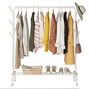 YAYI Clothes Rack Heavy Duty Clothes Rail Metal Garment Rail With Top Rod and Lower Storage and Side Hooks,White