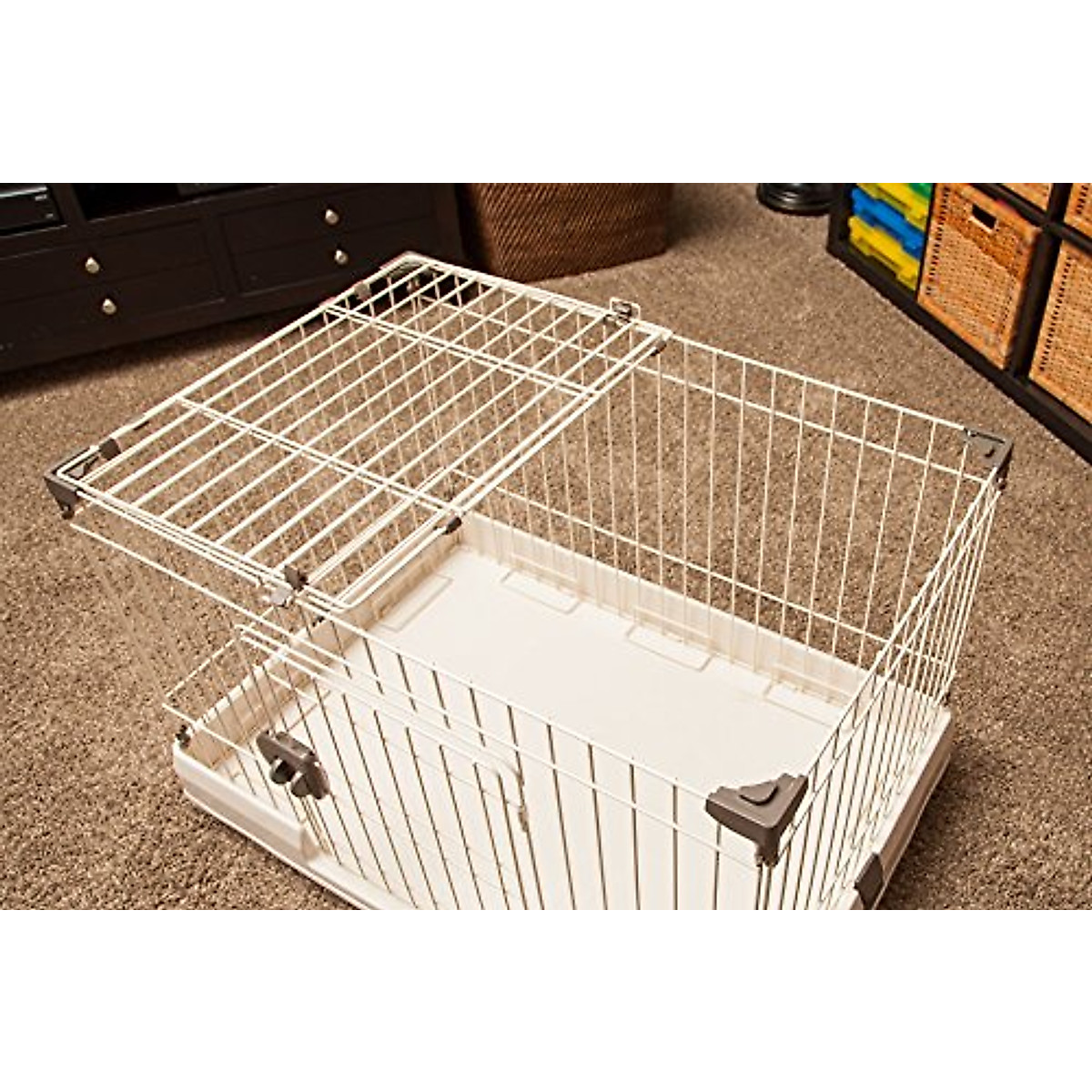 IRIS USA Medium Portable Wire Animal Cage, Easy Assembly Wire Dog Crate Animal House with Removable Casters and Top Access, Almond/Brown