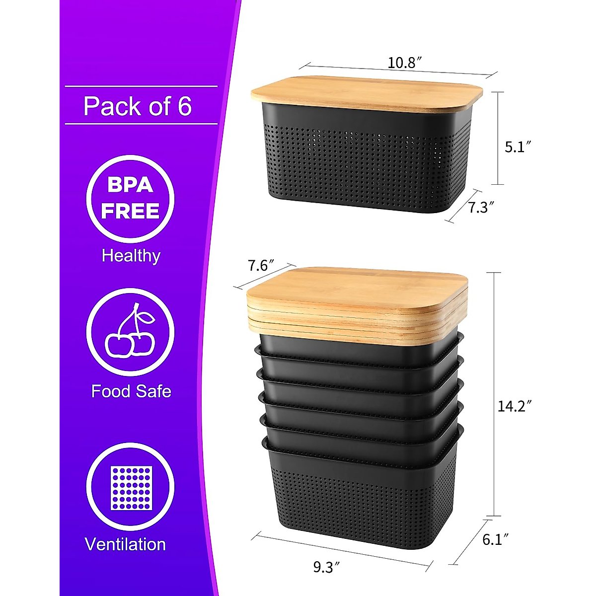 NEATJELAI Storage Bins With Lids 6 Packs Plastic Storage Containers With Bamboo Lids Stackable Storage Baskets for Organizing Desktop Closet Playroom Classroom Office,Black,10.8" L x 7.3" W x 5.1" H