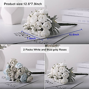 JANESOTO 2 Bundles 36 Artificial Flowers Fake Roses with Stems,Silk Bouquet Home Decorations for Office Table,Garden Party,Bridal,Bedroom,Kitchen Without Vase (White and Blue)