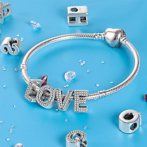 CINKOLA 925 sterling Silver Letter Charms A-Z Alphabet Beads with Cubic Stones Charm Beads Pendants Fit for Bracelets Charms DIY Jewelry birthday Gift for Women (T)