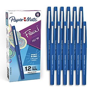 Paper Mate Flair Felt Tip Pens, Medium Point (0.7mm), Blue, 12 Count