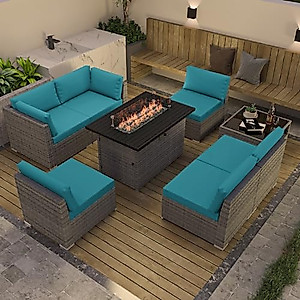 EAGLE PEAK 8 Piece Outdoor Wicker Patio Furniture Set with Fire Table and Coffee Table, PE Rattan Sectional Conversation Sofa Set with Seating for 6 People, Light Blue