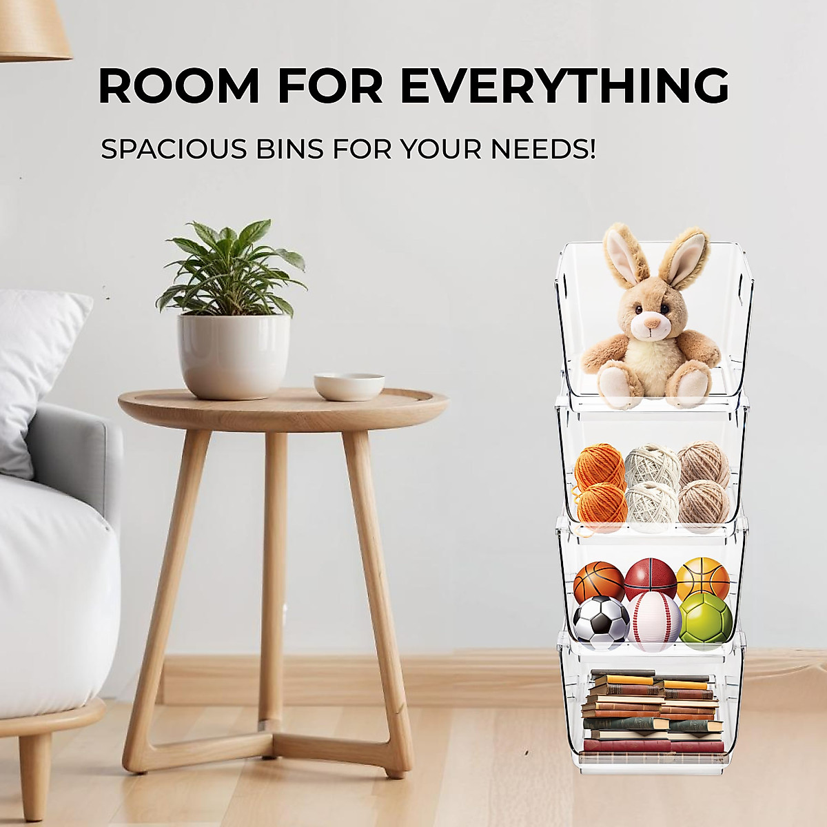 TidyFriend Plastic Stackable Bins for Pantry, 4 Pack Stacking Bins Open Front, Toy Organizers, Kitchen, and Bathroom Essentials (Clear- Hole Handle)