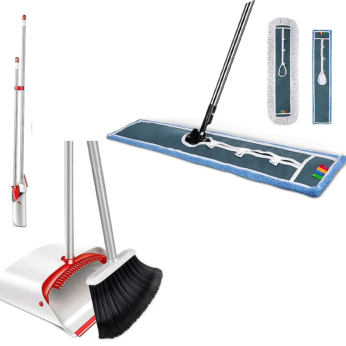 Masthome Broom and Dustpan Set with 52" Long Handle & 36" Large Industrial Dust Mop with 2 Reusable Mop Pads for Floor Cleaning