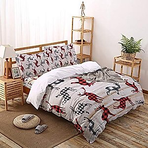 TocaHome Duvet Cover Full Size, 4 Pieces Comforter Cover Set, Christmas Red and Black Lattice Elk on Wood Grain Soft Bedding Sets - 1 Full Duvet Cover, 1 Bed Sheet and 2 Pillowcases