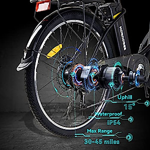 KORNORGE Electric Bike for Adults - 26" City Commuter Ebike, 350W Motor with Removable Battery, Shimano 6-Speed and Dual Shock Absorber, Electric Cruiser Bike with Basket for Female Male. Black