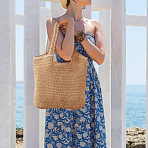 GOLDTIMO Beach Bags for Women - Summer Soft Large Woven Shoulder Purse Handbag, Beach Tote Straw Bag for Summer Vacation, Beige