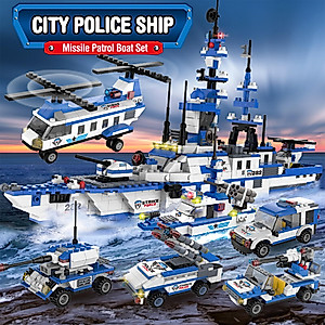 EP EXERCISE N PLAY 1169 Pieces Police Ship Building Blocks Kit with Cop Car Helicopter Patrol Boat for Boys and Girls Age 6-12