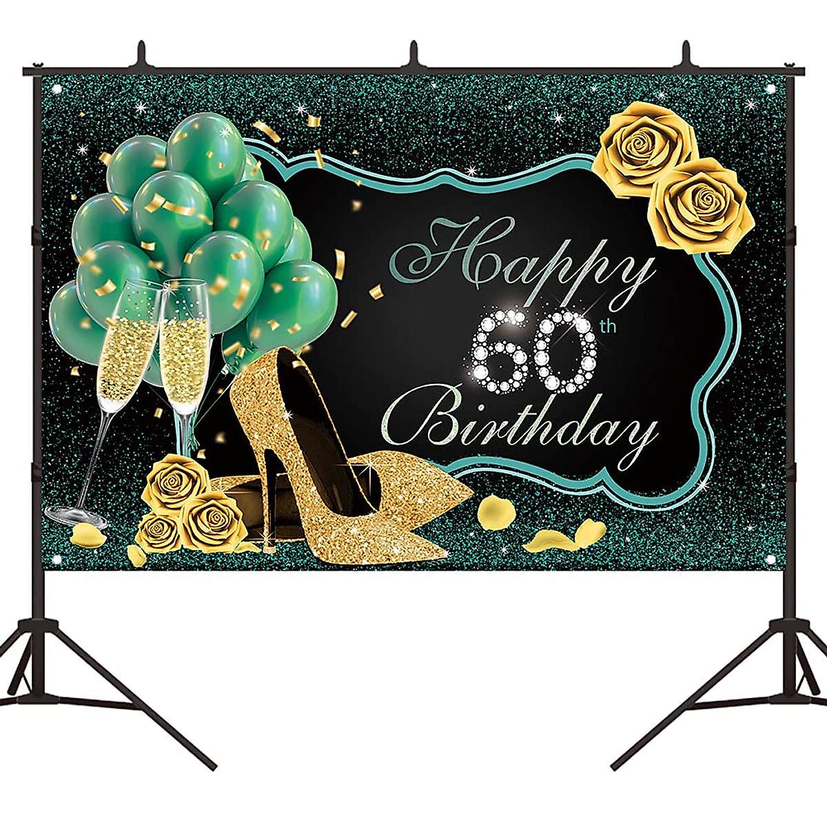 Bellimas Happy 60th Birthday Backdrop Green and Black Women Birthday Party Background High Heels Gold Rose Sixty Birthday Prom Party Supplies Banner with Copper Grommets