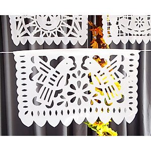 White Papel Picado Banner - Plastic Papel Picado Banner, garland, bunting, streamers - Fiesta Decorations - Mexican white Decorations for mothers day, bridal shower, weddings 5 pack/60 feet