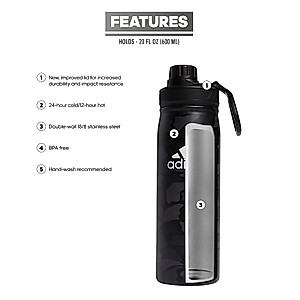 adidas 600 ML (20 oz) Metal Water Bottle, Hot/Cold Double-Walled Insulated 18/8 Stainless Steel, Nomad Camo Grey-Carbon/White/Black, One Size