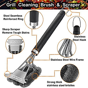 POLIGO Safe Grill Brush and Scraper with Deluxe Handle - 18" Grill Cleaner Brush Stainless Steel Bristle Grill Brush for Outdoor Grill Wizard Grate - BBQ Brush for Grill Cleaning Ideal Grilling Gifts