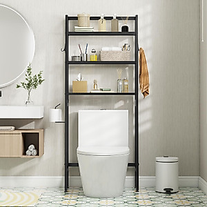 Giantex Over The Toilet Storage Shelf - 3-Tier Freestanding Above Toilet Rack with Adjustable Bottom Bar, Paper Holder, 2 Side Hooks, Metal Bathroom Organizer Shelf, Space Saving Toilet Shelf (Black)