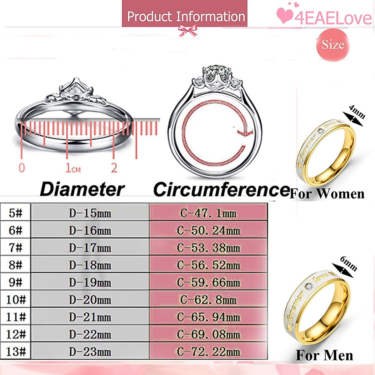 4EAELove Customize Forever Love Promise Couple Rings Inside Free Engraved Cubic Zirconia Rings Wedding Bands Engagement Gifts Titanium Steel Golden (Couple,1 PAIR)