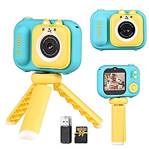 Andoer 1080P Kids Digital Camera Mini Video Camera for Kids 48MP 2.4 Inch IPS Screen Dual Lens Built-in Battery with 32GB Memory Card & Card Reader & Desktop Tripod Birthday Blue