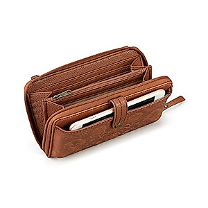 The Sak Iris Large Smartphone Crossbody Bag in Leather, Detachable Wristlet Strap, Tobacco Floral Embossed II