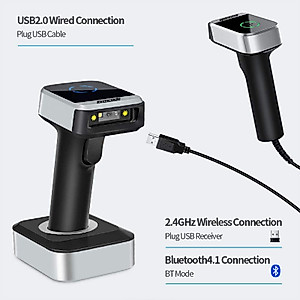 Wireless Bluetooth Barcode Scanner with Base.USB 2.0 Wired Barcode Imager Automatic Barcode Reader Handhold Scanner.with USB Cable for Laptops.Computers.Cashier.POS