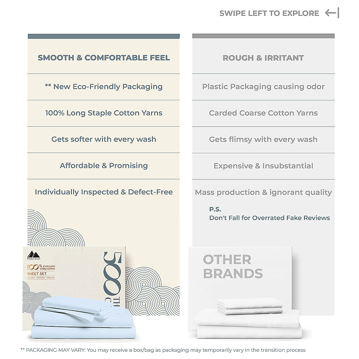 Mayfair Linen 100% Cotton Sheets for Queen Size Bed - Luxury 500 Thread Count Queen Sheet Set, 4 PC Sateen Weave Queen Light Blue Cotton Sheets, Ultra Soft, Deep Pocket Cooling Sheets Queen Size