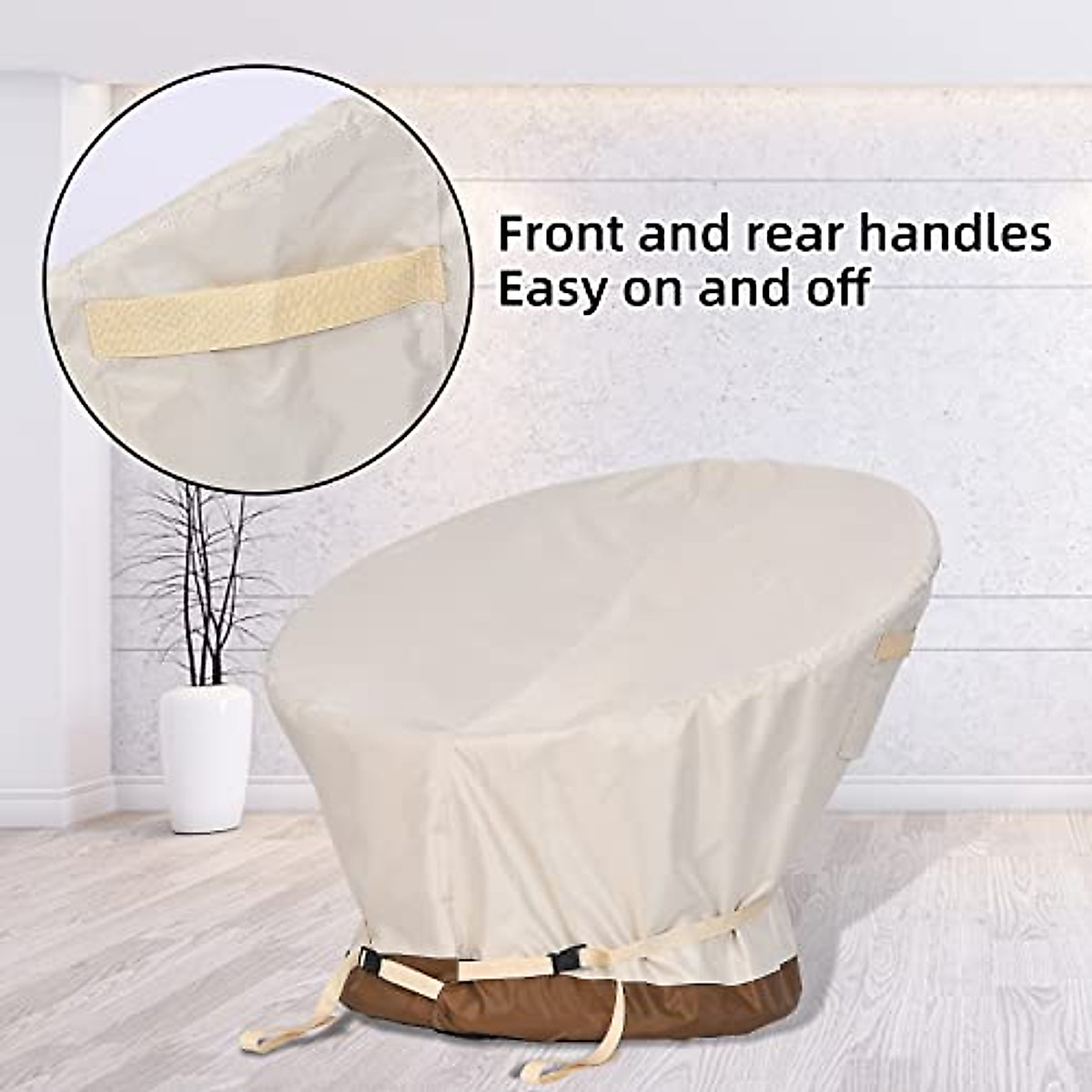 Papasan Chair Cover, 420D Thicken Waterproof Outdoor Papasan Pation Chair Covers, Papasan Chair Slip Covers With Handles, Ventilation Holes, Adjustable Fixed Wind Straps-54" Dia × 39" Height, Beige