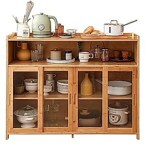 ZHUMUJIAJU Sideboard Buffet Cabinet, Modern Buffet Sideboard with Storage, Console Server Table with Doors & Shelf, Bamboo Coffee Bar Cabinet for Dinning Room