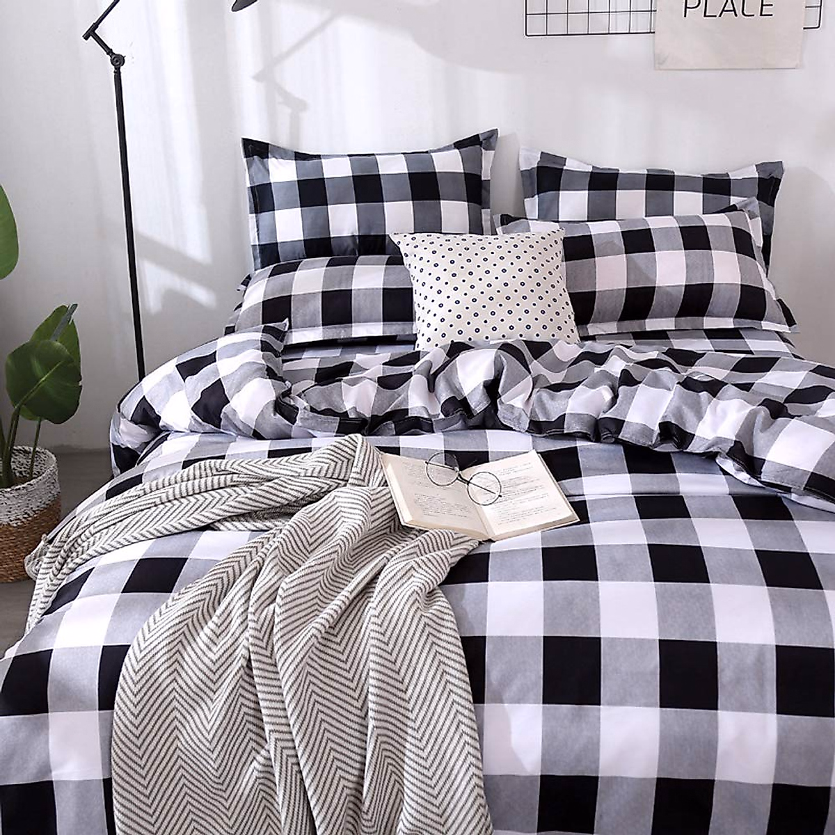 Farmhouse Buffalo Checked Bedding Set Black Gray White Plaid Comforter Cover Twin,Soft Lightweight Grid Bedspreads, 1 Lattice Duvet Cover , 1 Pillow Sham Modern Geometric Decor Grey Quilt,Zipper