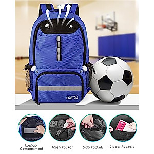 BROTOU Premium Soccer Bag, Basketball Backpack with Separate Cleat and Ball Compartment, Backpack for Rugby & Football & Volleyball & Handball (Blue)