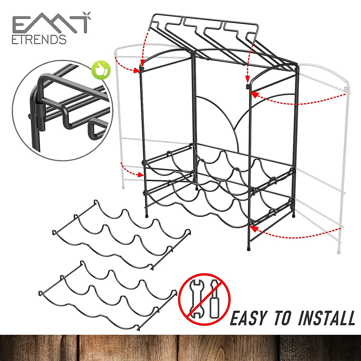 EMT ETRENDS Wine Rack Countertop, Wine Holder for 6 Bottles and 6-9 Glasses, Freestanding Wine Storage Shelves for Kitchen, Pantry, Cellar, Bar, Black.