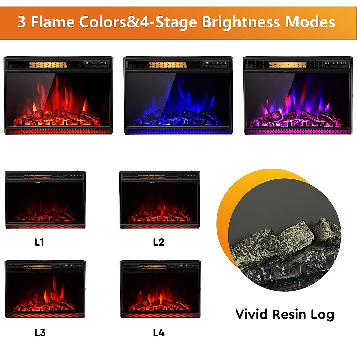 S AFSTAR 29 Inches Electric Fireplace Insert, 900/1350W Recessed Electric Fireplace w/ 3 Available Flame Colors & 4 Brightness, Touch Screen & Remote Control, Wall Mounted Electric Fireplace Heater