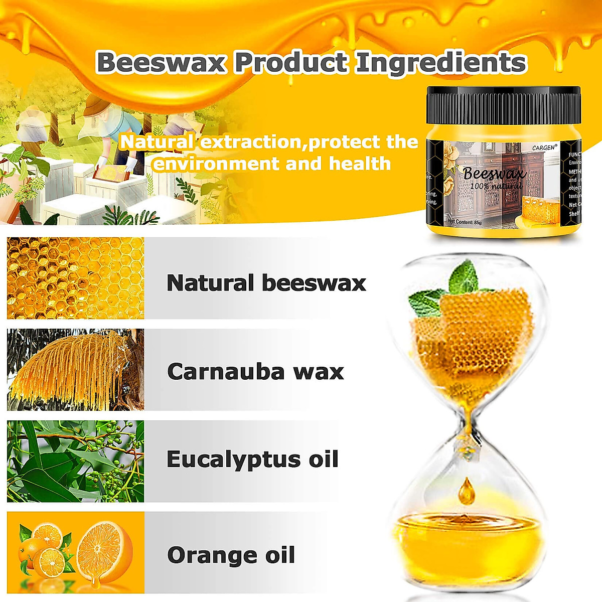 CARGEN Beeswax Furniture Polish, Wood Seasoning Beeswax for Furniture Wood Wax for Dining Table Floor Doors Chairs Cabinets to Protect and Care 5pcs Beeswax Polish and 3pcs Sponges.