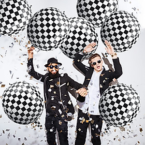 14 Pieces Foil Checkered Balloons 22 Inch Checkered Racing Car Balloons Black White Checkerboard Balloons Racing Themed Birthday Balloons with Black Ribbon for Racing Themed Party Decoration