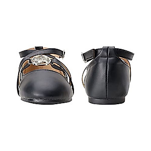 bebe Girls' Dress Shoes - Strappy Ballet Flats with Rhinestone Medallion (Little Girl/Big Girl), Size 1 Little Kid, Black