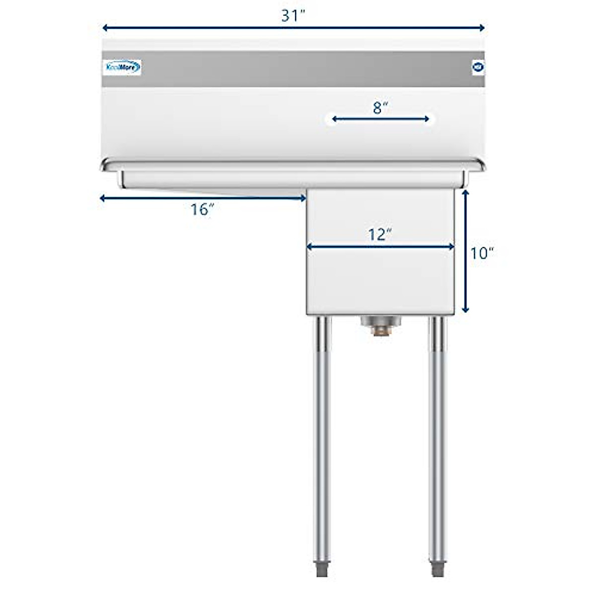 KoolMore 1 Compartment Stainless Steel Commercial Kitchen Prep & Utility Sink with Drainboard - Bowl Size 12" x 16" x 10"