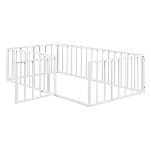NCKMYB Kids Floor Bed Twin Size, Metal Montessori Bed with Rails and Door, Low Toddler Bed for Boy Girl, White