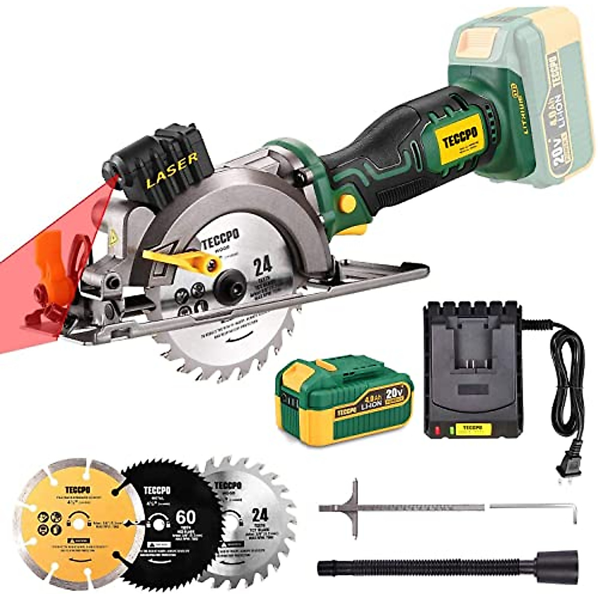 TECCPO Cordless Circular Saw, 4.0Ah 20V 4,500RPM Saw with Laser, 3 Blades(4-1/2"), Fast Charger, Max Cutting Depth 1-11/16''(90°), 1-1/8''(45°), for Wood, Plastic, Soft Metal and Tile Cuts - MTW510B