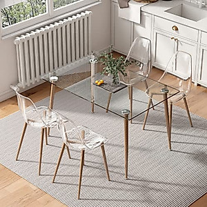 Glass Dining Table Set for 4, 51 inch Dining Table & Chair Sets with Light Wood Metal Legs for Kitchen, Modern Rectangle Tempered Glass Table Top and Transparent Plastic Dining Chair for Dining Room