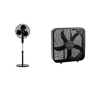 PELONIS 16'' Pedestal Remote Control, Oscillating Stand Up Fan 7-Hour Timer, Supreme 16"-Black & PFB50A2ABB-V 3-Speed Box Fan for Full-Force Circulation with Air Conditioner, Black, 2020 New Model