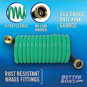 15FT Coiled Boat Hose | Coil Hose Water Hoses Expandable Perfect Coil Water Hose RV Wash Water Hose Spring Washdown Short Small 15 Foot Coiling Garden Marine Grade 3/4 Inch Connectors Self Recoil