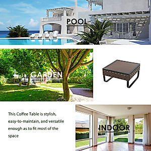 LOKATSE HOME Patio Dining Furniture Outdoor Square Bistro Side Coffee Table with Rattan Wicker Metal Slatted Steel Frame Aluminum Plastic Plate Wood Grain Desktop, Brown