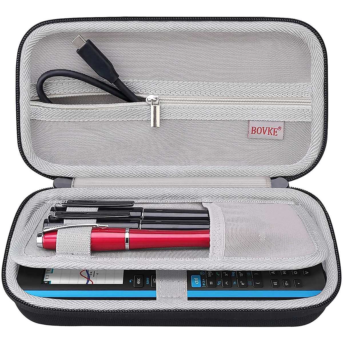 BOVKE Hard Travel Case Compatible with Texas Instruments Ti-84 Plus CE/TI-83 Plus CE Color Graphing Calculator, Large Zipped Pocket for USB Cables, Manual, Pencil and Other Accessories, Black