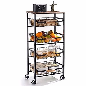Kitchen Storage Rolling Cart, Kitchen Cart with Lockable Wheels, 5 Tier Metal Wire Basket Shelf Rolling Storage Cart with Wooden Handle, Wood Cover Top Kitchen Island Cart for Home, Office